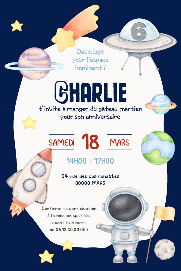 Invitation anniversaire personnalisable - Espace - CililaCreation